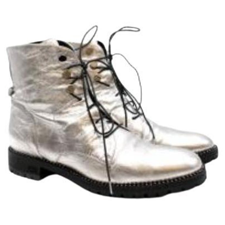 Dior Silver Lace Up Biker Boots with Crystals For Sale at 1stDibs