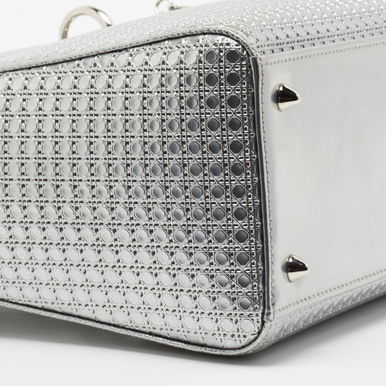Dior Silver Microcannage Patent Leather Medium Lady Dior Tote For Sale ...