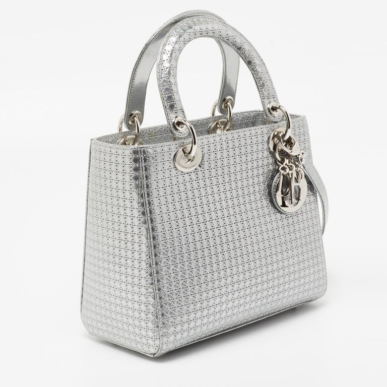 Dior Silver Microcannage Patent Leather Medium Lady Dior Tote For Sale ...