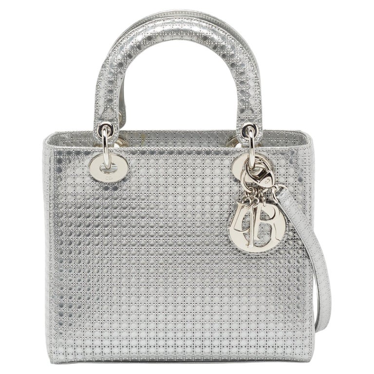 Dior Silver Microcannage Patent Leather Medium Lady Dior Tote For Sale ...