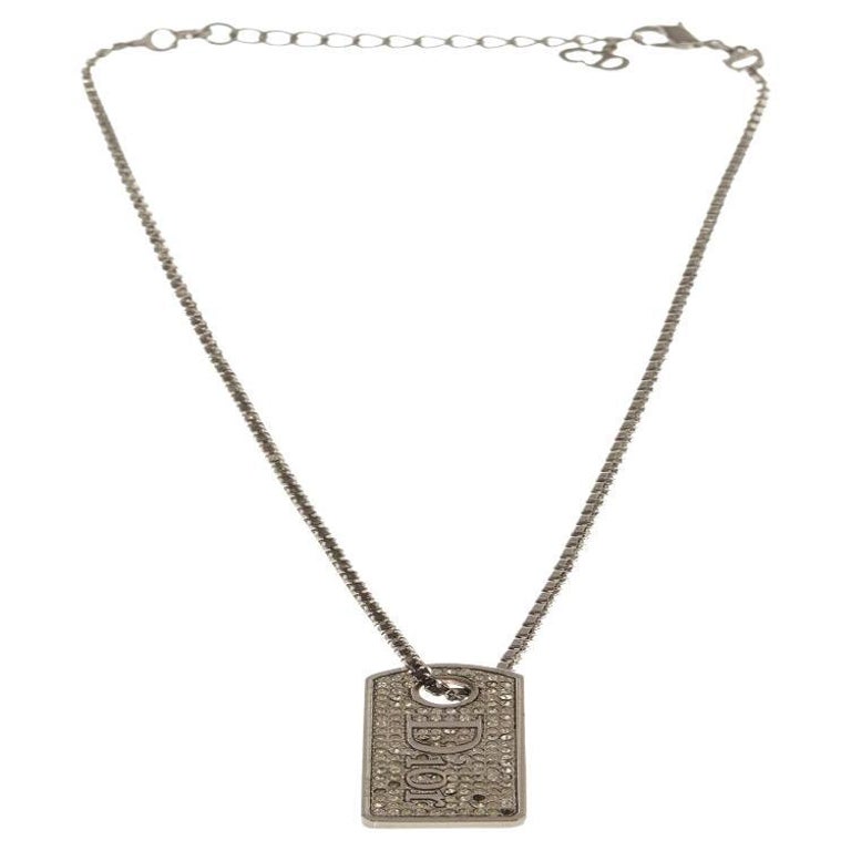 Dior Silver Rhinestone Mini Dog Tag Necklace For Sale at 1stDibs