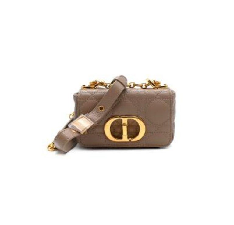 Dior Taupe Leather Micro Caro Pouch on Gold Chain For Sale at 1stDibs