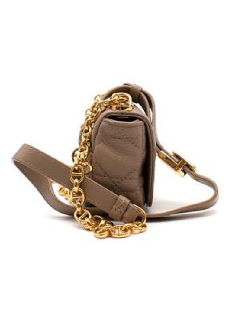 Dior Taupe Leather Micro Caro Pouch on Gold Chain For Sale at 1stDibs