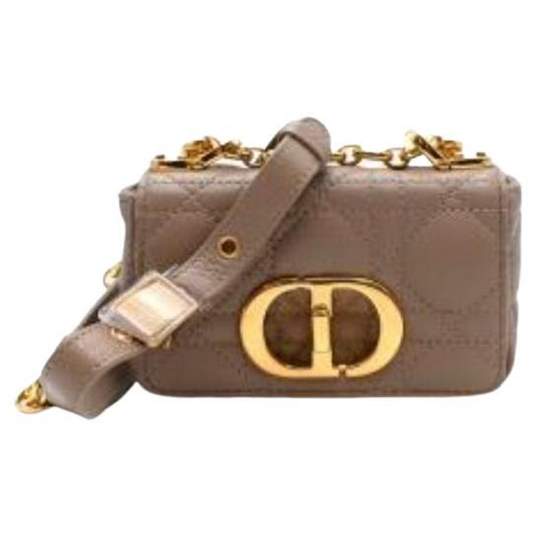 Dior Taupe Leather Micro Caro Pouch on Gold Chain For Sale at 1stDibs
