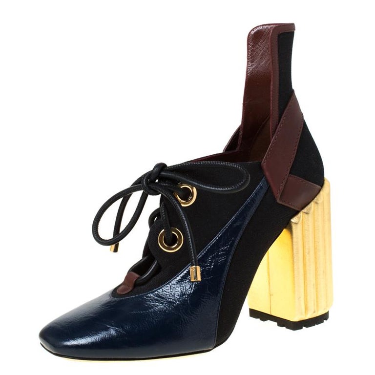 Dior Tricolor Patent Leather And Canvas Lace Up Block Heel Pumps Size ...