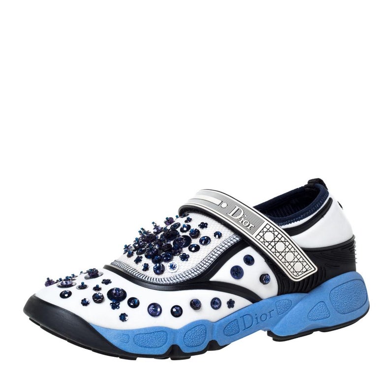 Dior White/Blue Stretch Fabric Fusion Embellished Low Top Sneakers Size ...