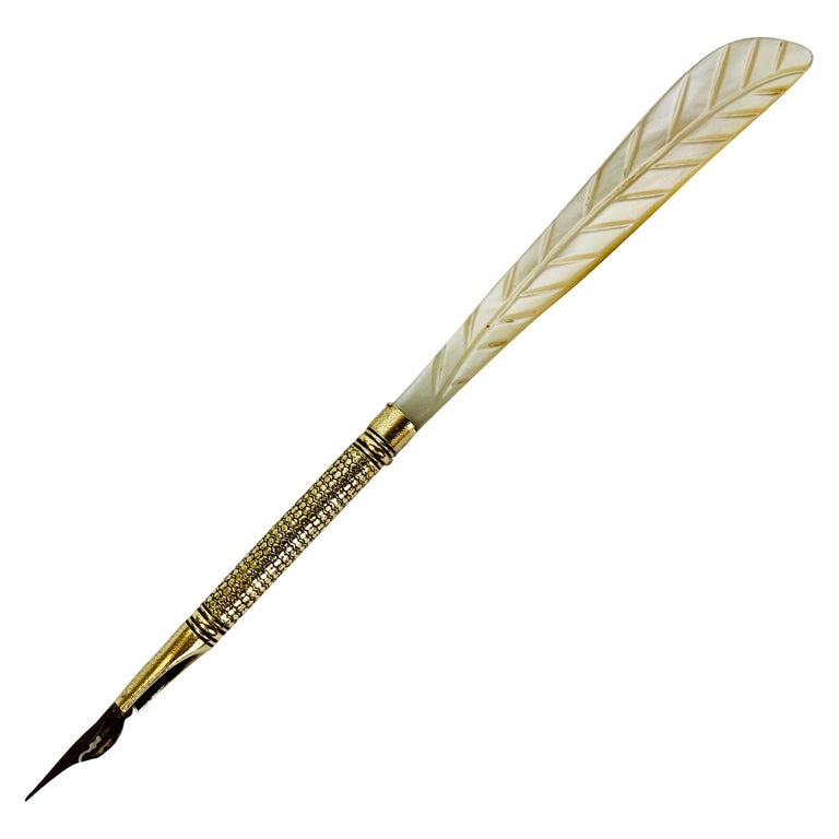 Carved Mother of Pearl Pen with a Feather Motif in a Velvet Case at ...