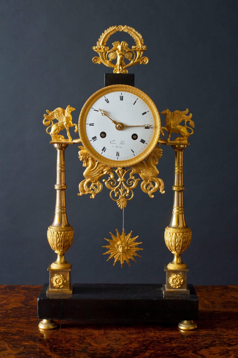 Directoire Black Marble and Ormolu French Pillar Clock For Sale at 1stDibs