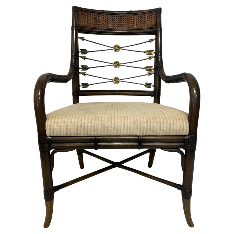 Directoire Style Cane Brass Metal Wood Upholstered Armchair with Arrow ...