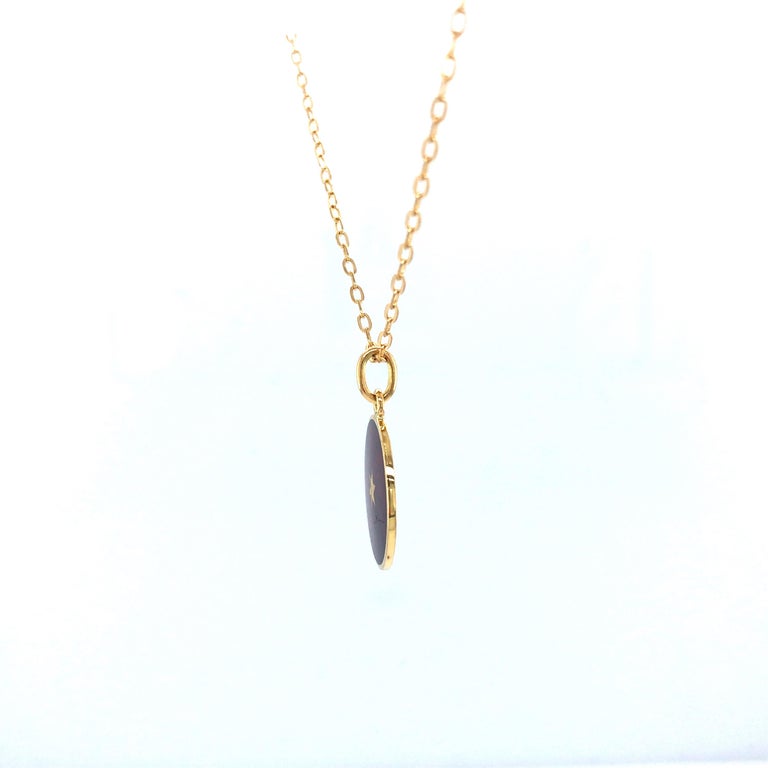 Disc Pendant, 18k Yellow Gold, Burgundy Red Guilloche Enamel with Star ...