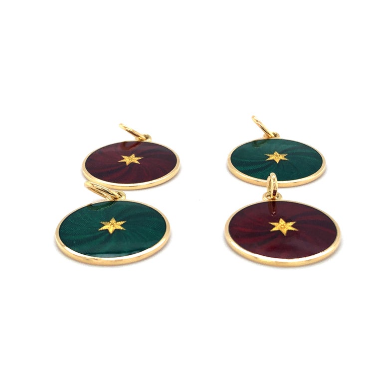 Disc Pendant, 18k Yellow Gold, Burgundy Red Guilloche Enamel with Star ...