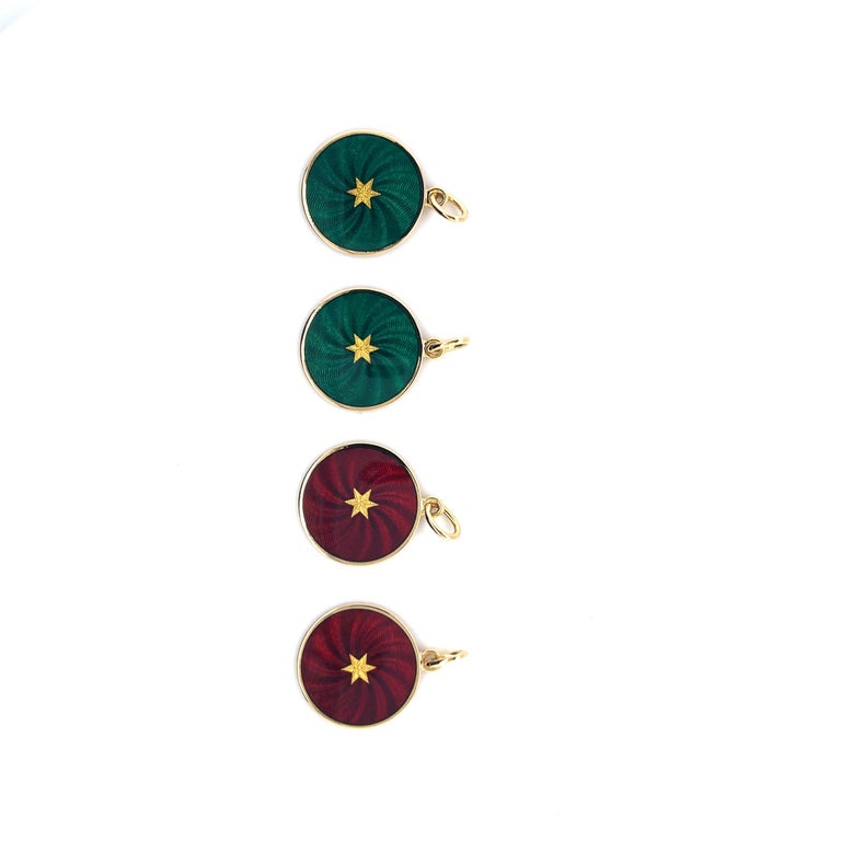 Disc Pendant, 18k Yellow Gold, Burgundy Red Guilloche Enamel with Star ...