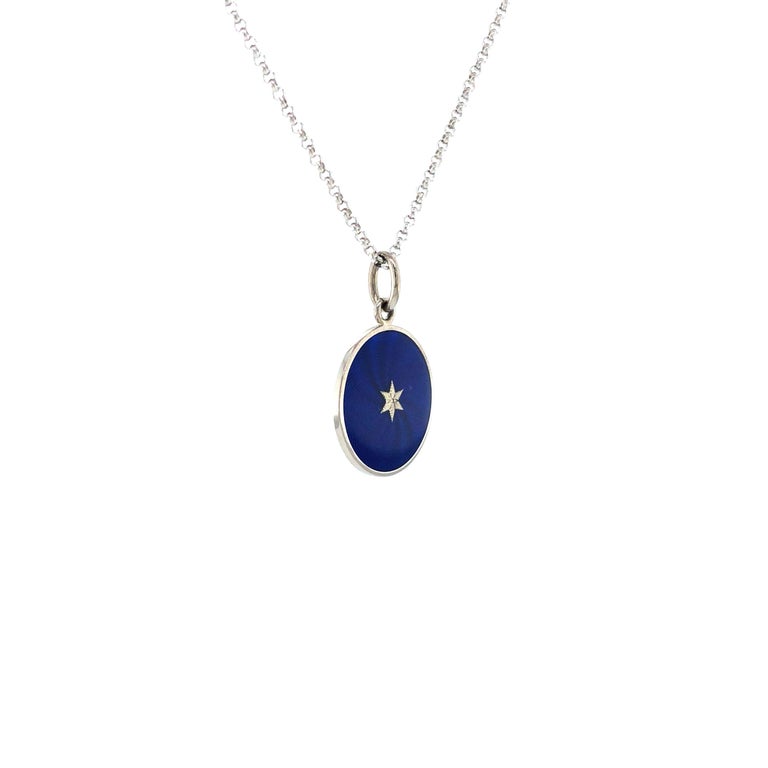 Round Disk Pendant Necklace 18k White Gold Blue Enamel Guilloche ...