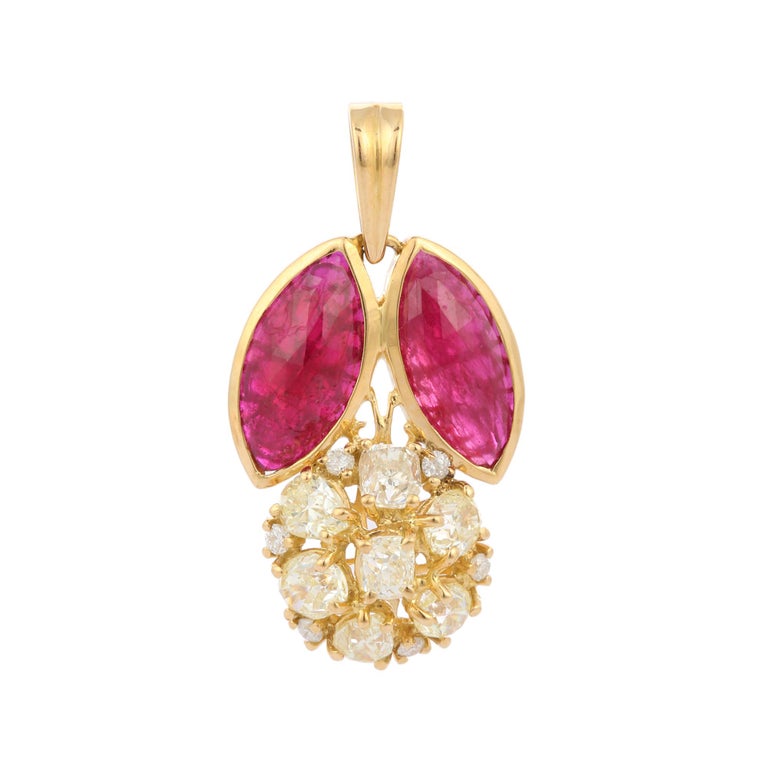 Distinctive 2.74 Ct Ruby Diamond Flower Pendant 18K Yellow Gold Ruby ...