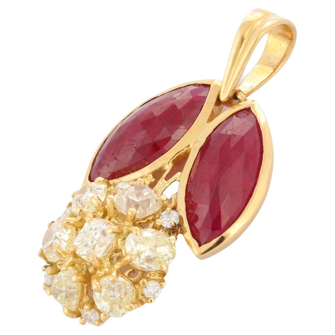 2.8 ct Emerald Ruby Flower with Diamond Pendant Embedded in 18K Yellow ...
