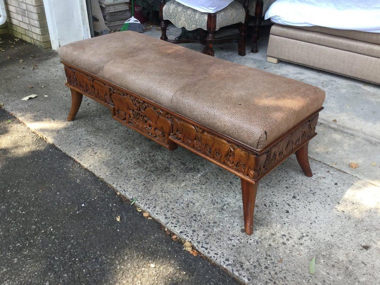 Distinguished Vintage Carved Wooden Bench with Animal Print Leather ...