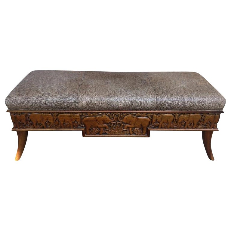 Distinguished Vintage Carved Wooden Bench with Animal Print Leather ...