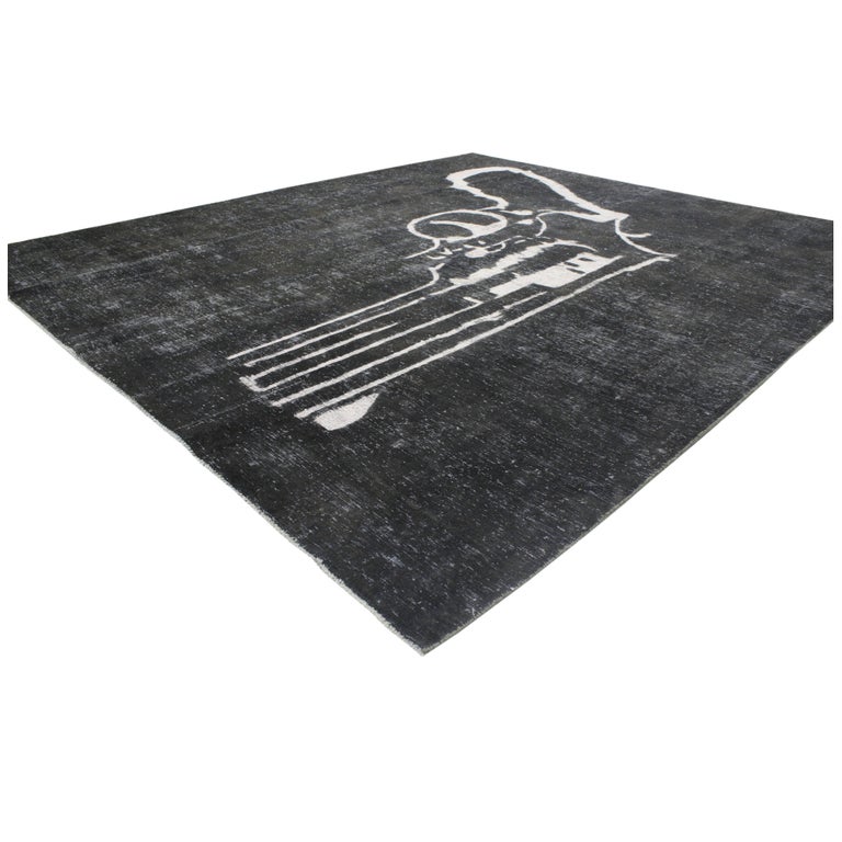 Distressed and Overdyed Charcoal Persian Rug with Revolver-Pistol Gun ...