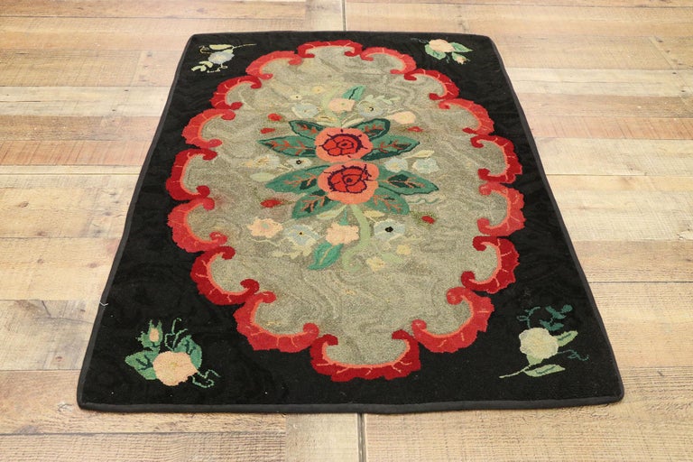 Distressed Antique American Hooked Floral Rug with Cozy Cottage ...