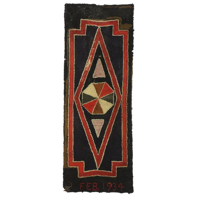 Distressed Antique American Hooked Rug with Midcentury Folk Art Style ...