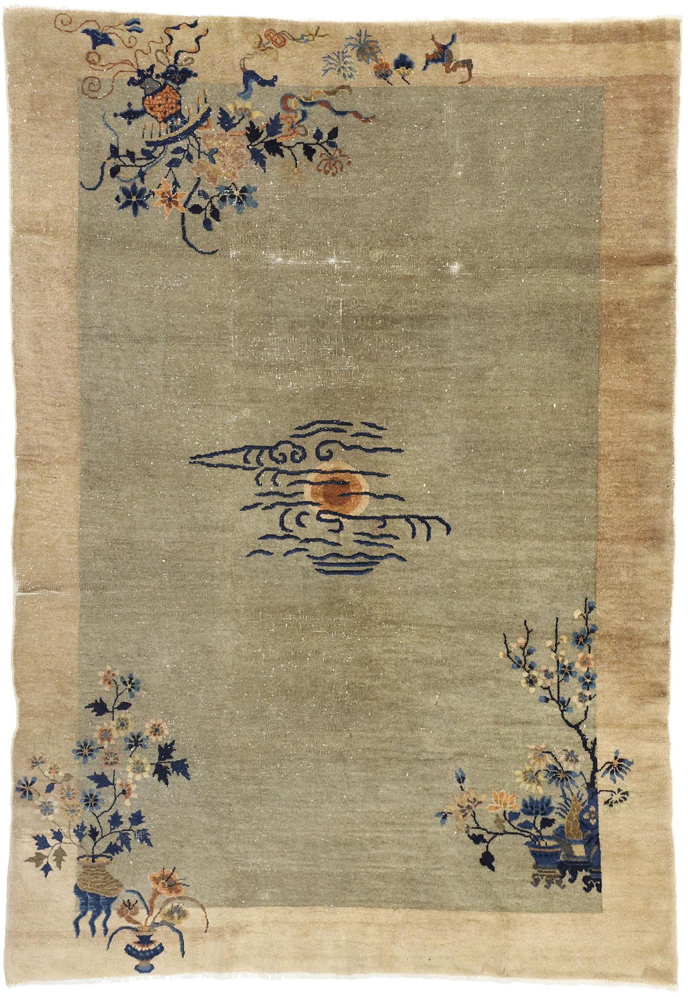 Distressed Blue Antique Chinese Peking Rug with Art Deco Style at 1stDibs