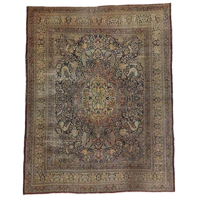 Distressed Antique Persian Mashhad Rug with Garden Design and English ...
