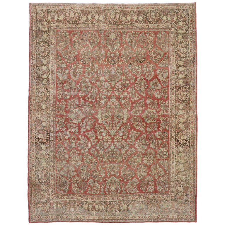 Distressed Antique Persian Sarouk Rug with Rustic American Traditional ...