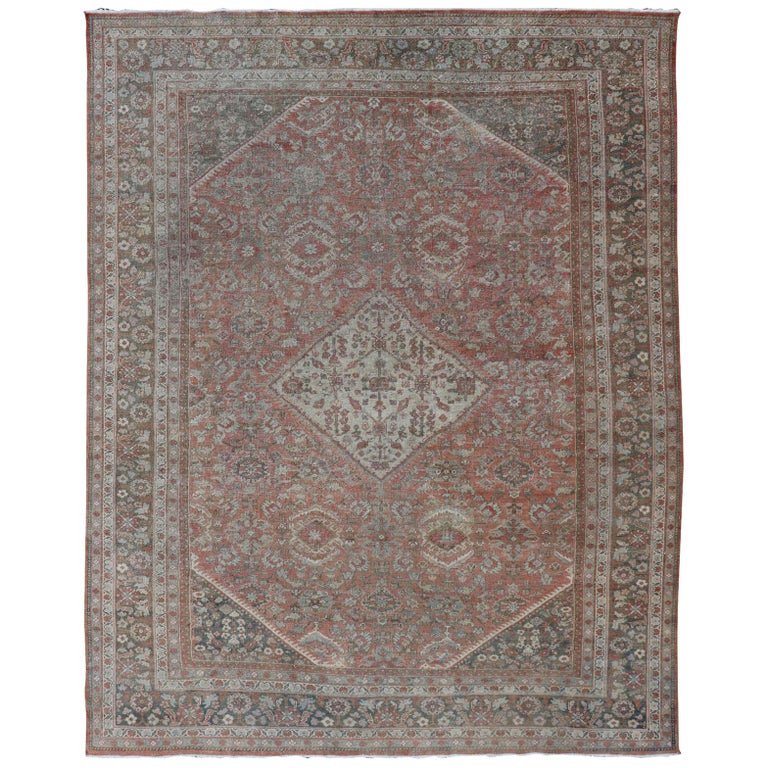 Distressed Antique Sultanabad Rug in Faded Red Background, Charcoal ...