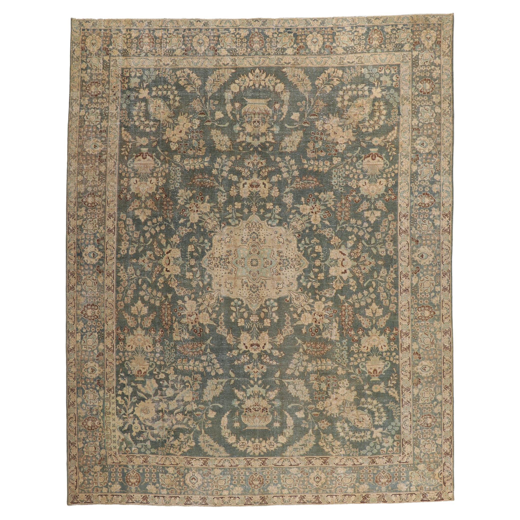 Distressed Antique Persian Tabriz Pictorial Rug with Cartouche Border ...
