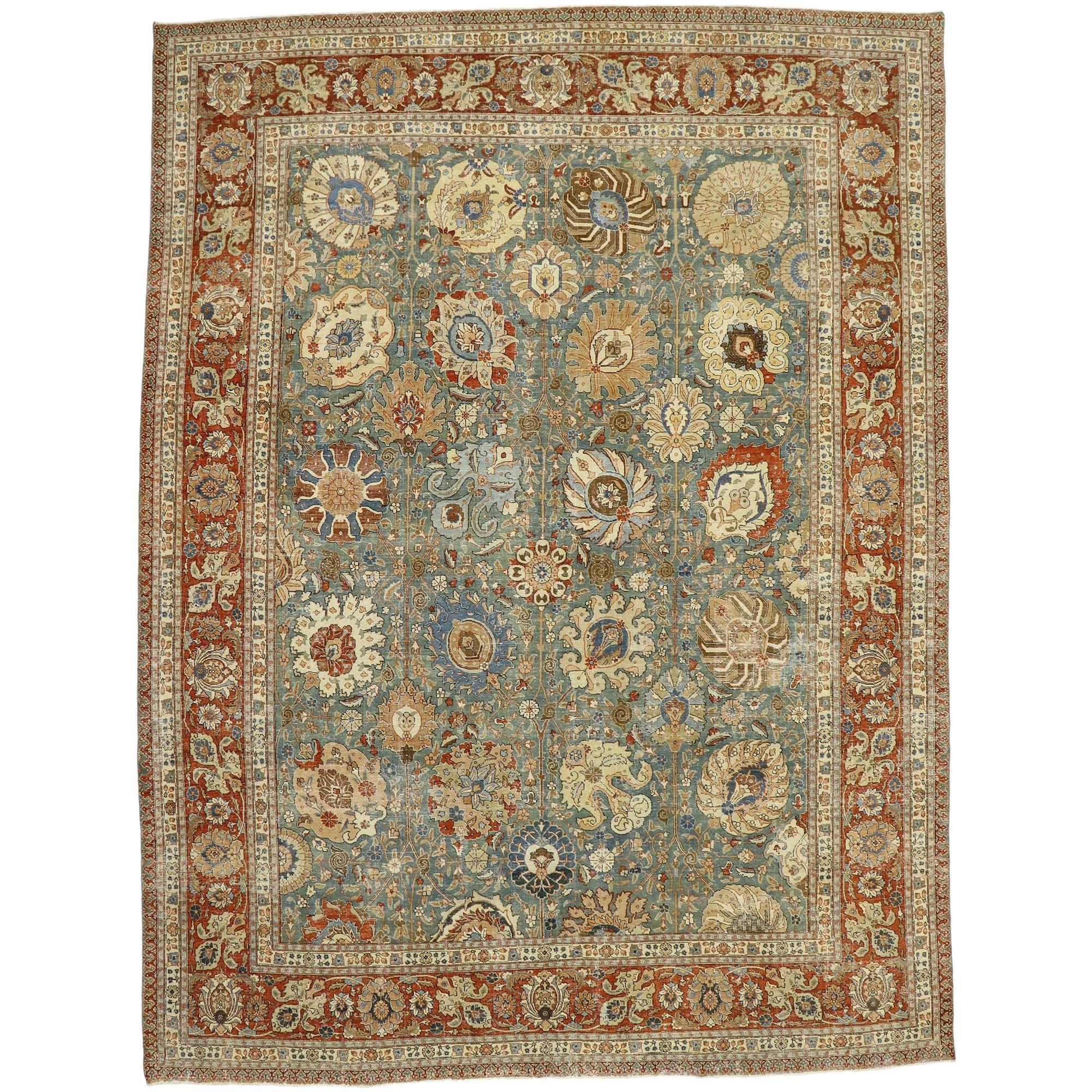 Distressed Antique Persian Tabriz Rug with Modern Rustic Artisan Style ...