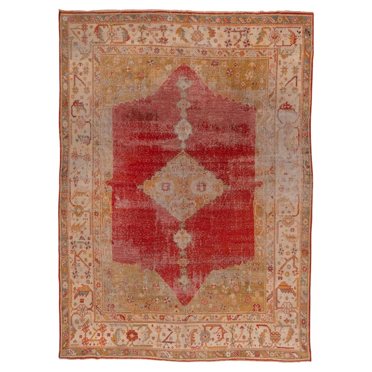 Distressed Antique Turkish Oushak Carpet, Red and Gold For Sale at 1stDibs