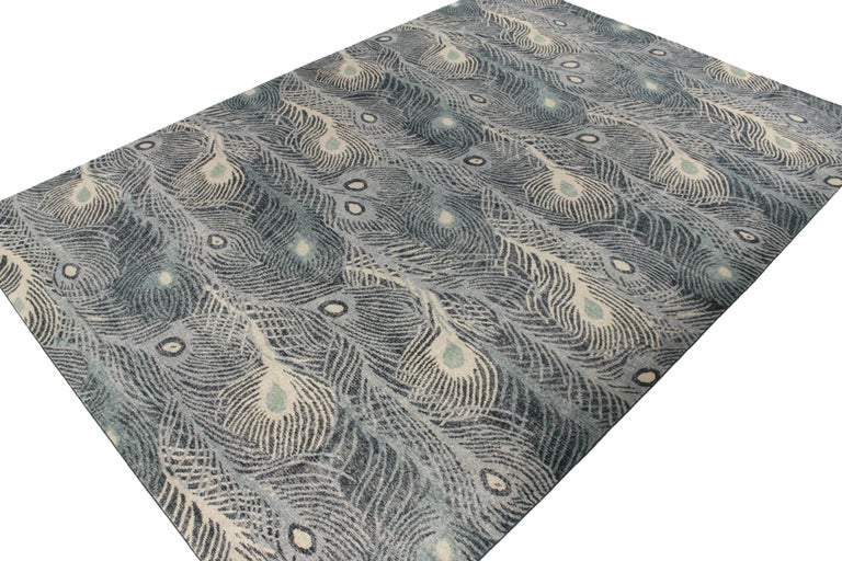 Rug and Kilim's Distressed Art Nouveau Style Rug, Blue, White Feather ...