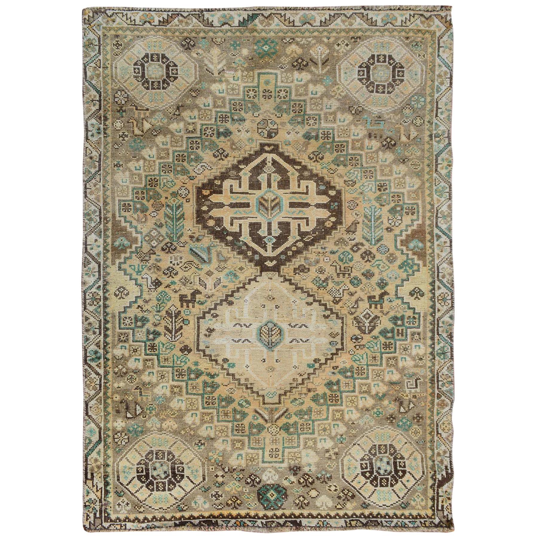 Natural Colors Gallery Size Old and Worn Down Persian Shiraz Hand ...