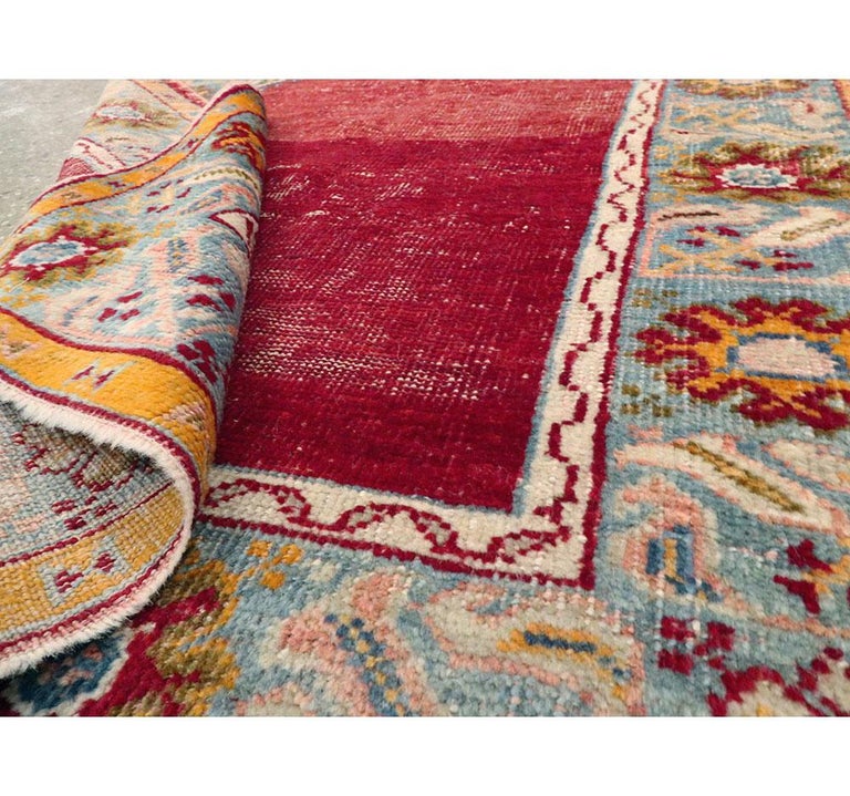 Distressed Handmade Turkish Rug in Crimson Red and Light Blue at 1stDibs