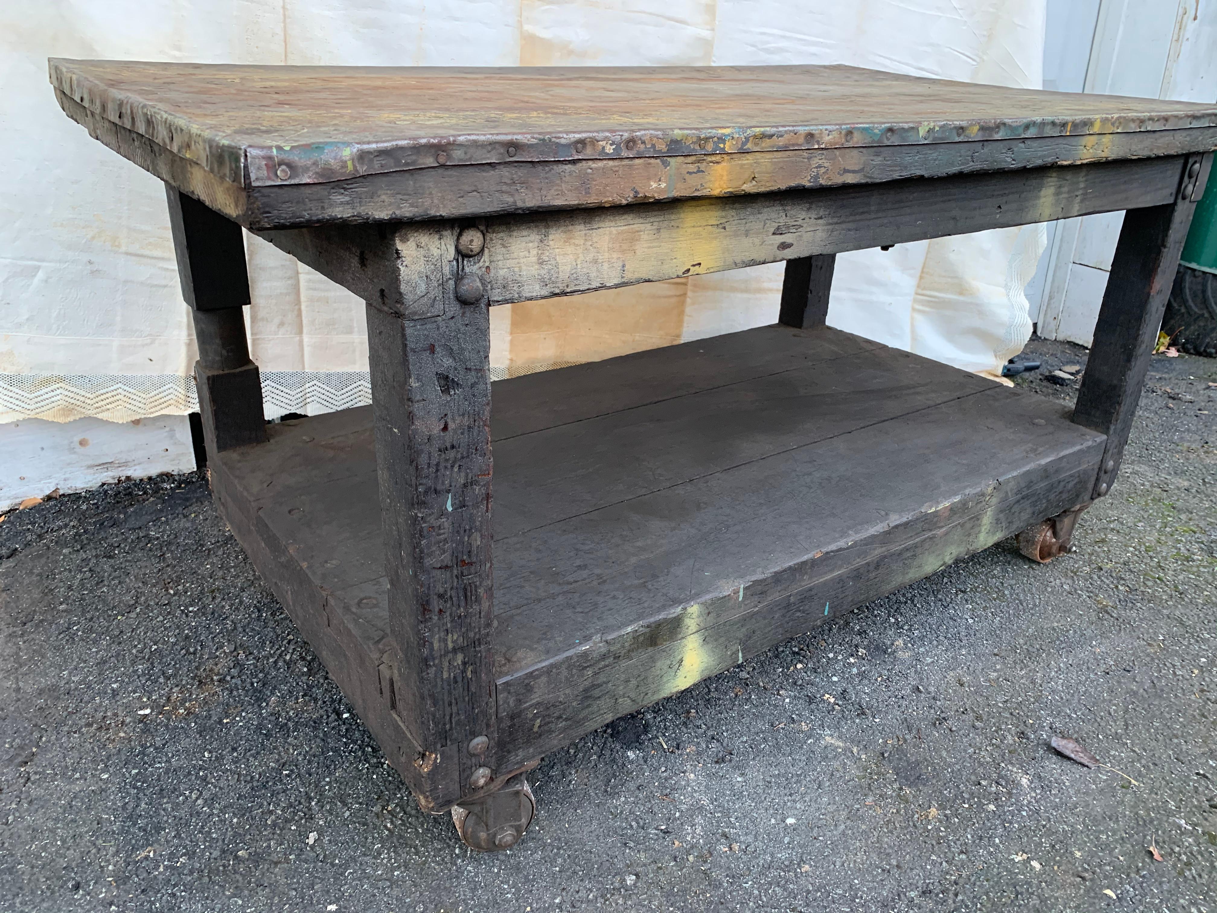 Distressed Industrial Metal Top Work Table on Casters For Sale at ...