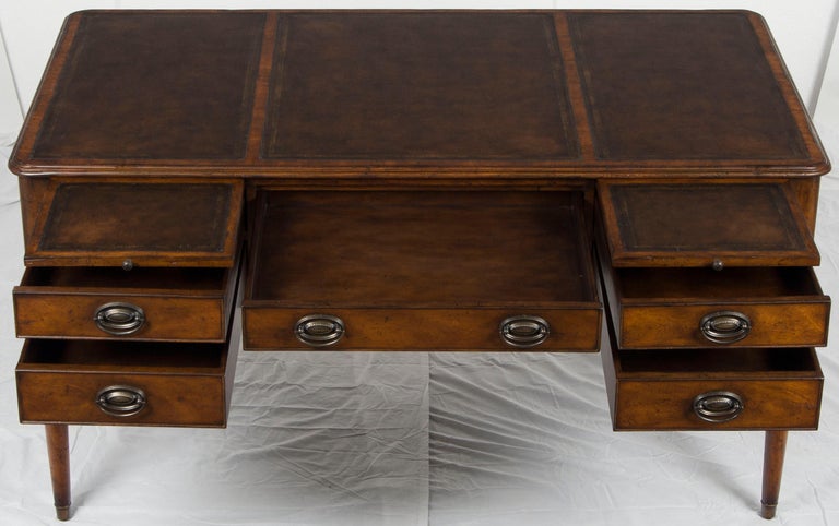 Distressed Mahogany and Brown Leather Five-Drawer Writing Table Desk ...