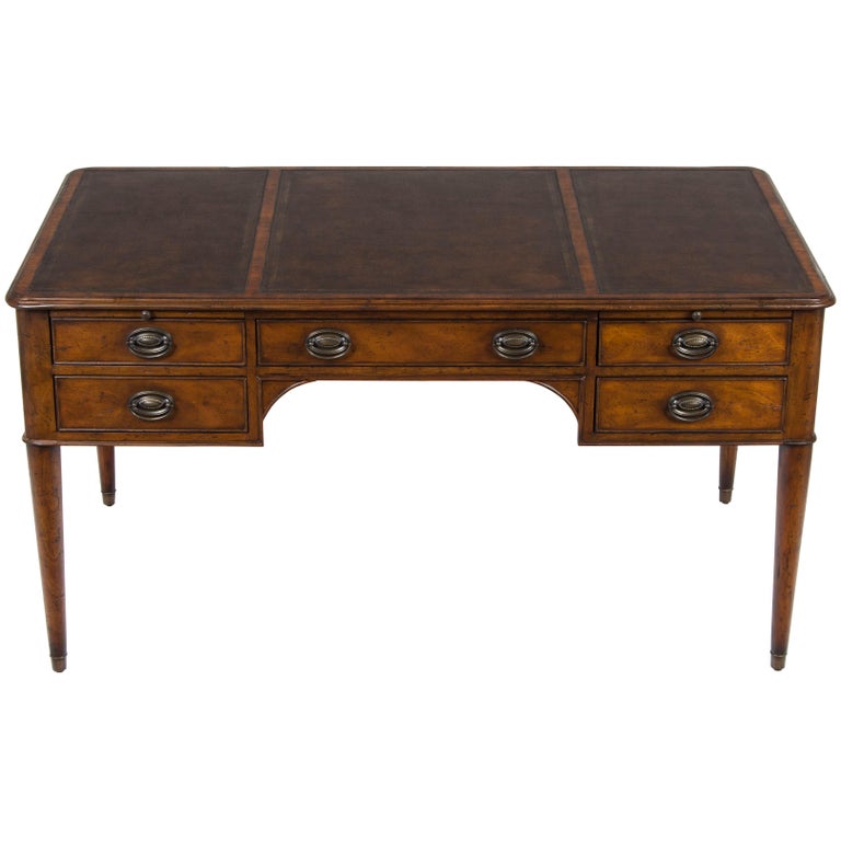 Distressed Mahogany and Brown Leather Five-Drawer Writing Table Desk ...