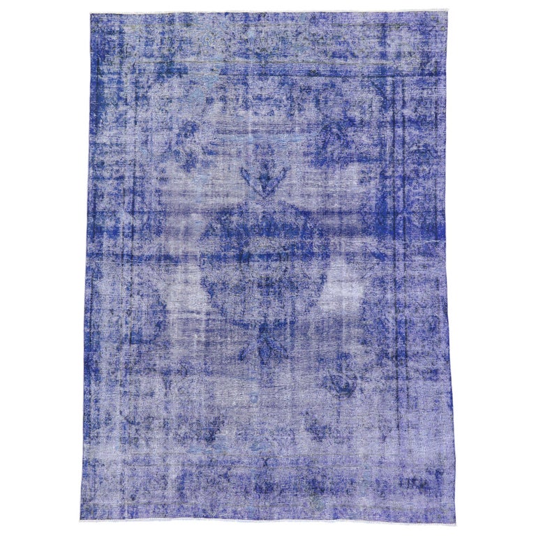 Distressed Vintage Blue Overdyed Persian Rug with Modern Style at 1stDibs