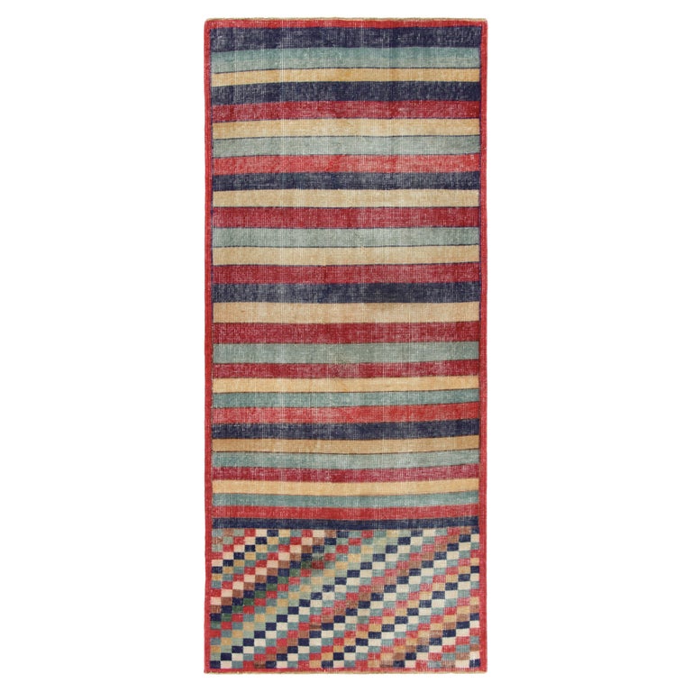 Distressed Vintage Deco Runner in Blue, Red Geometric Pattern by Rug ...