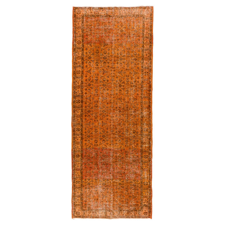 4.6x12.7 Ft Handmade Vintage Turkish Floral Rug in Orange for Hallway ...