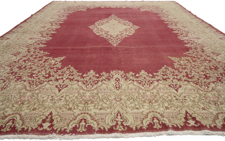 Distressed Vintage Persian Kirman Area Rug with French Victorian Style ...