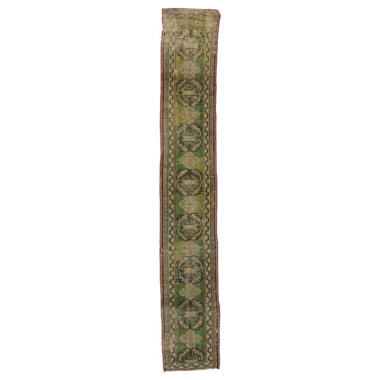 Distressed Vintage Turkish Green Oushak Runner, Narrow Hallway Runner ...