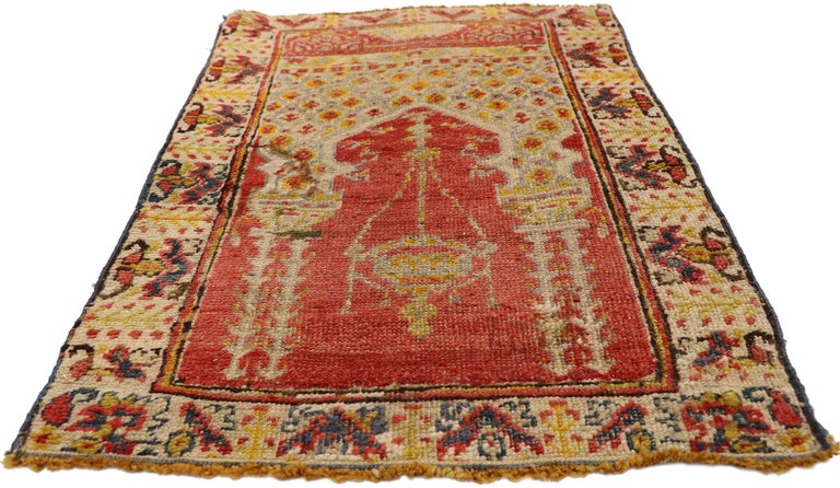 Distressed Vintage Turkish Yastik Oushak Rug, Turkish Prayer Rug For ...