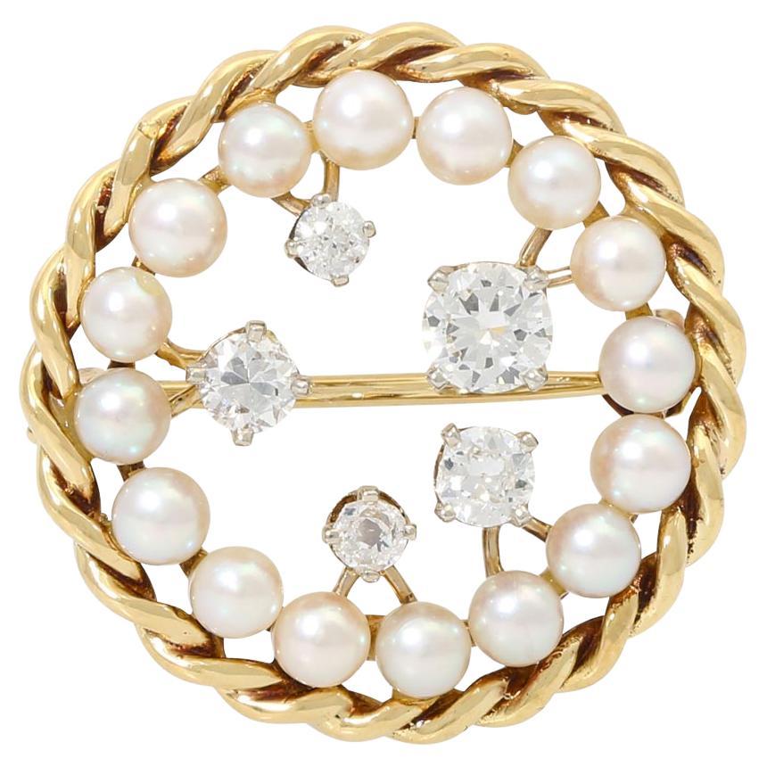 Bar Brooch with Old Cut Diamonds and Natural Half Pearls For Sale at ...