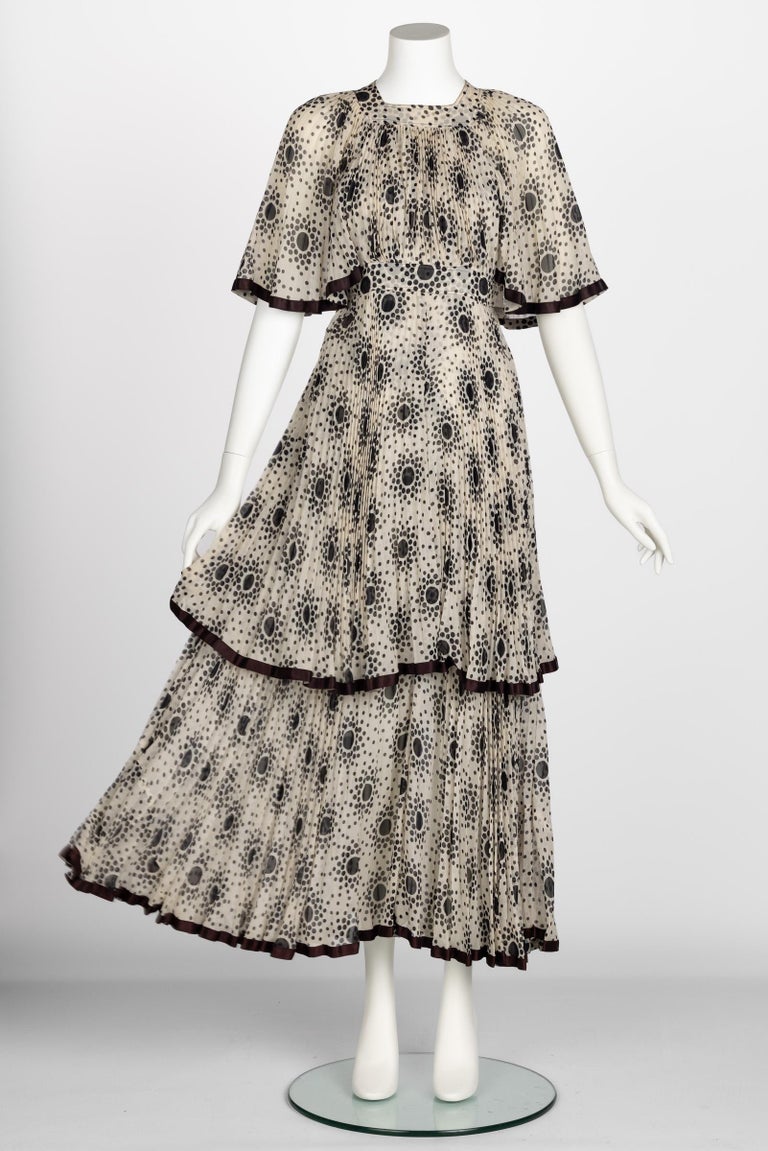 Divine 1970s Jean Muir Pleated Chiffon Ivory Black Dots Layered dress ...
