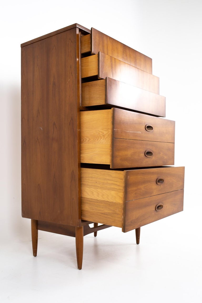 Dixie Midcentury Walnut 7-Drawer Thin Highboy Dresser at 1stDibs