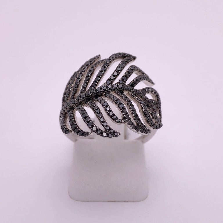 D'Jula 18 Karat White Gold Feather Ring with 1.00 Carat Black Diamonds ...