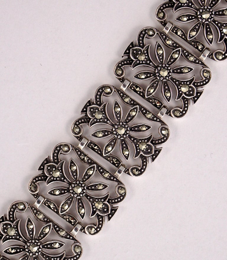 DK English Sterling Silver and Marcasite Panel Link Bracelet For Sale ...