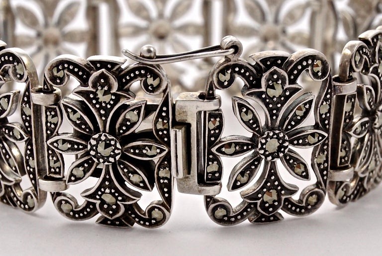 DK English Sterling Silver and Marcasite Panel Link Bracelet For Sale ...