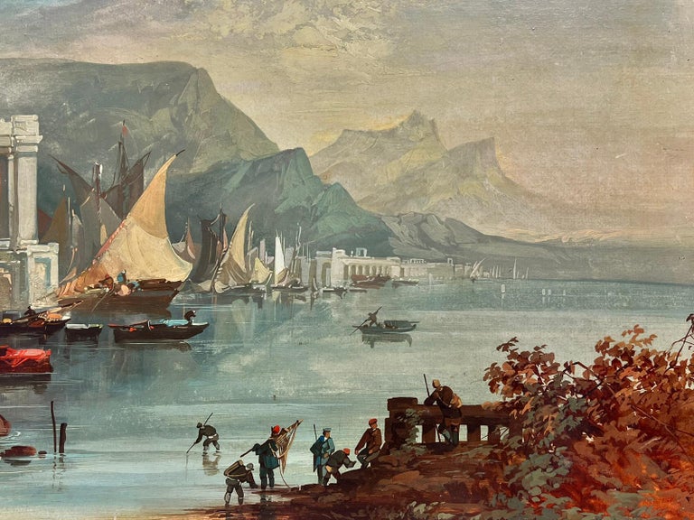 D.Lucas - Large Marine Oil Painting Continental Harbour Merchants and ...